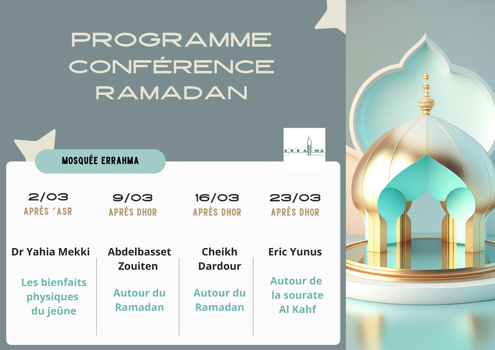 Programme des conférences Ramadan 2025 – Mosquée Errahma Villeurbanne